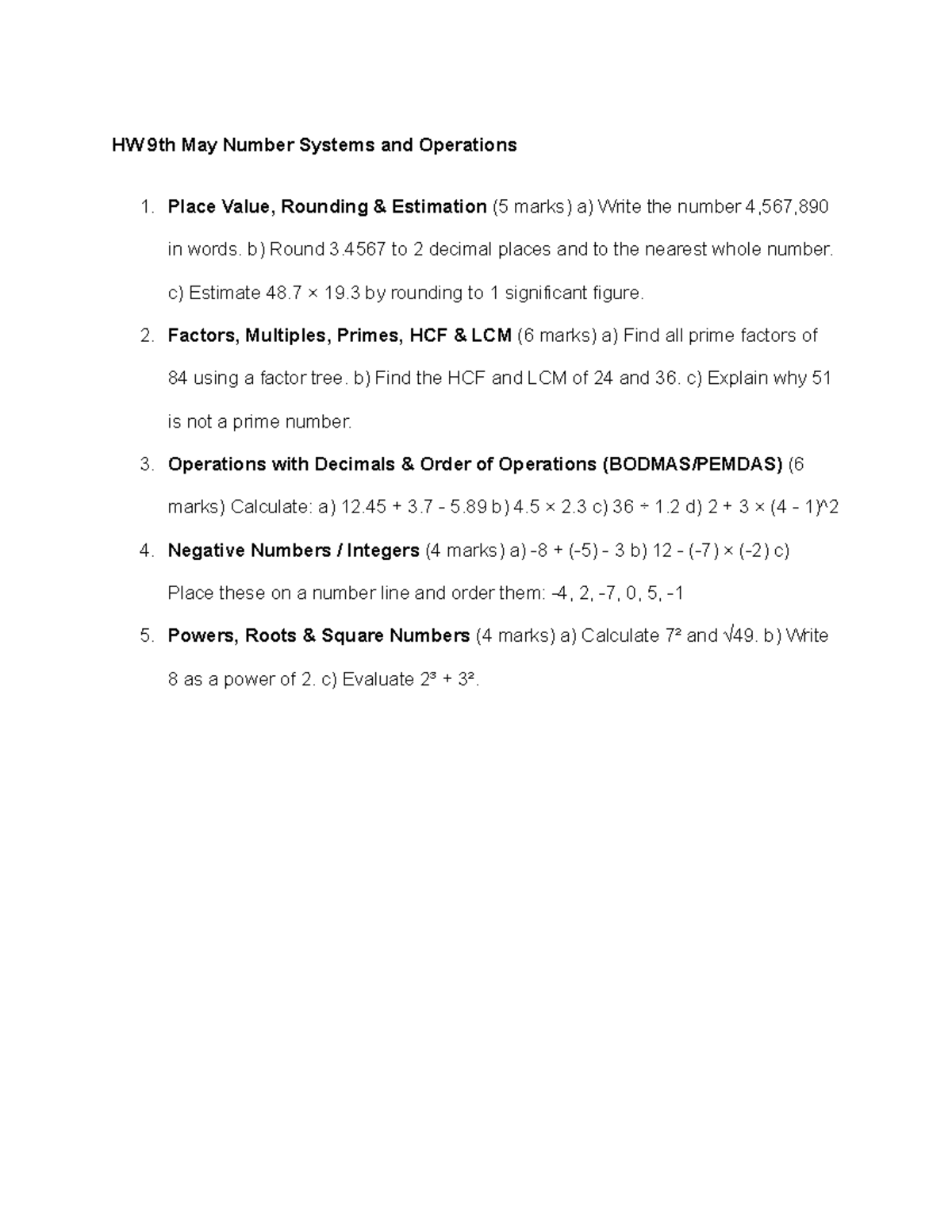 HW 9th May: Number Systems, Operations & Estimation (15 marks) - Studocu