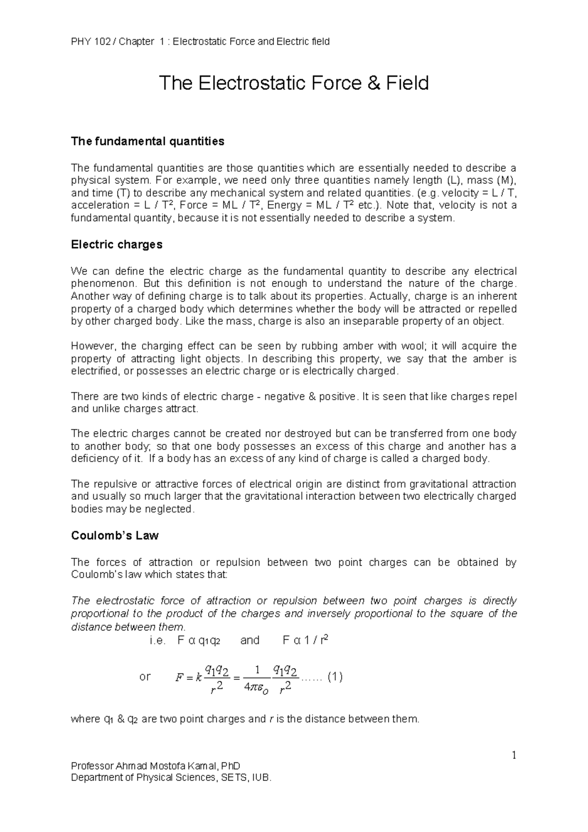 Phy 102 Chapter 1 Electrostatic Force And Electric Field Overview