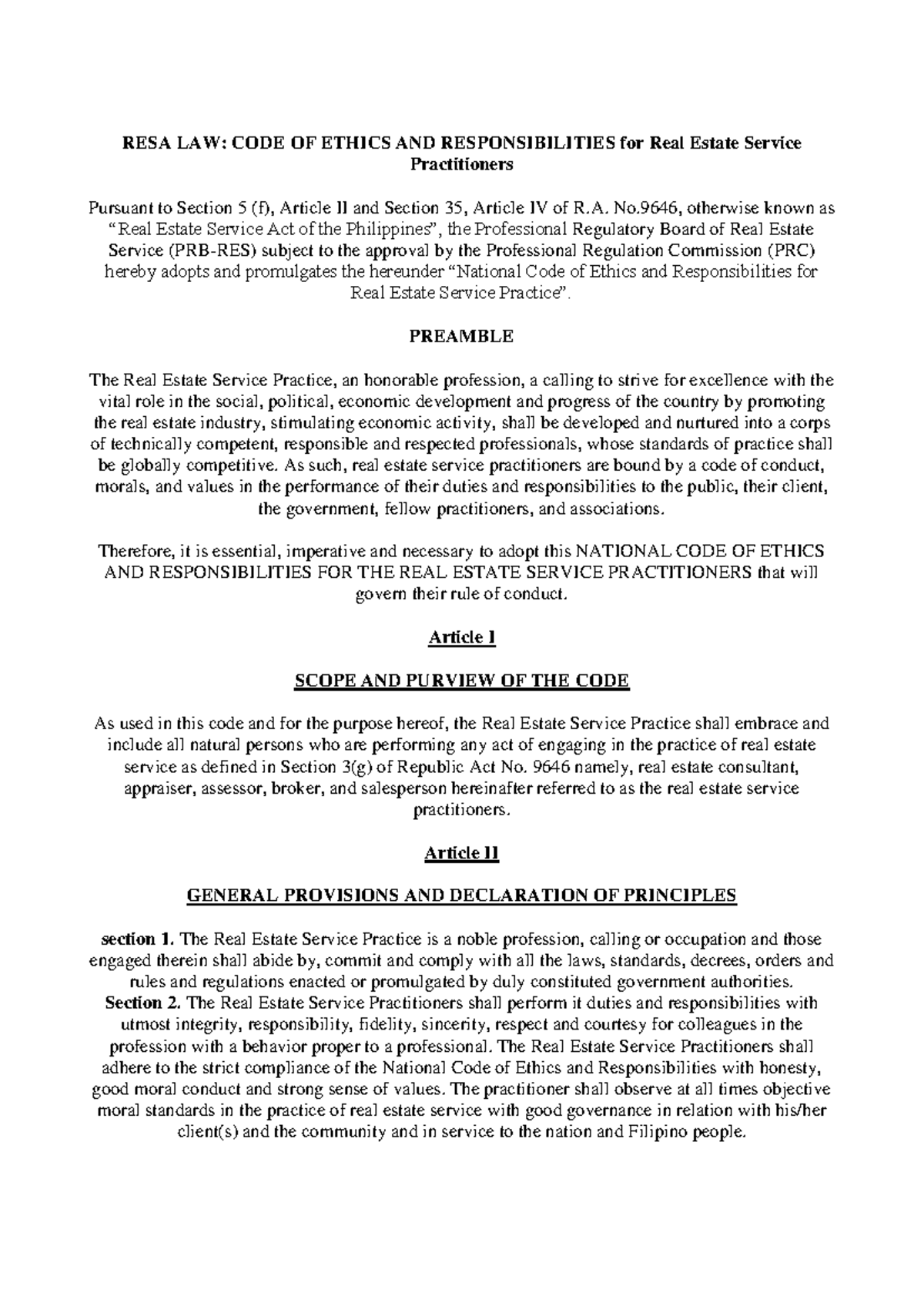 National Code of Ethics & Responsibilities for Real Estate Service ...