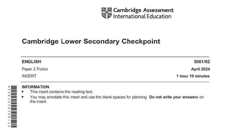 Cambridge Lower Secondary Checkpoint ENGLISH Paper 2 Fiction Insert ...
