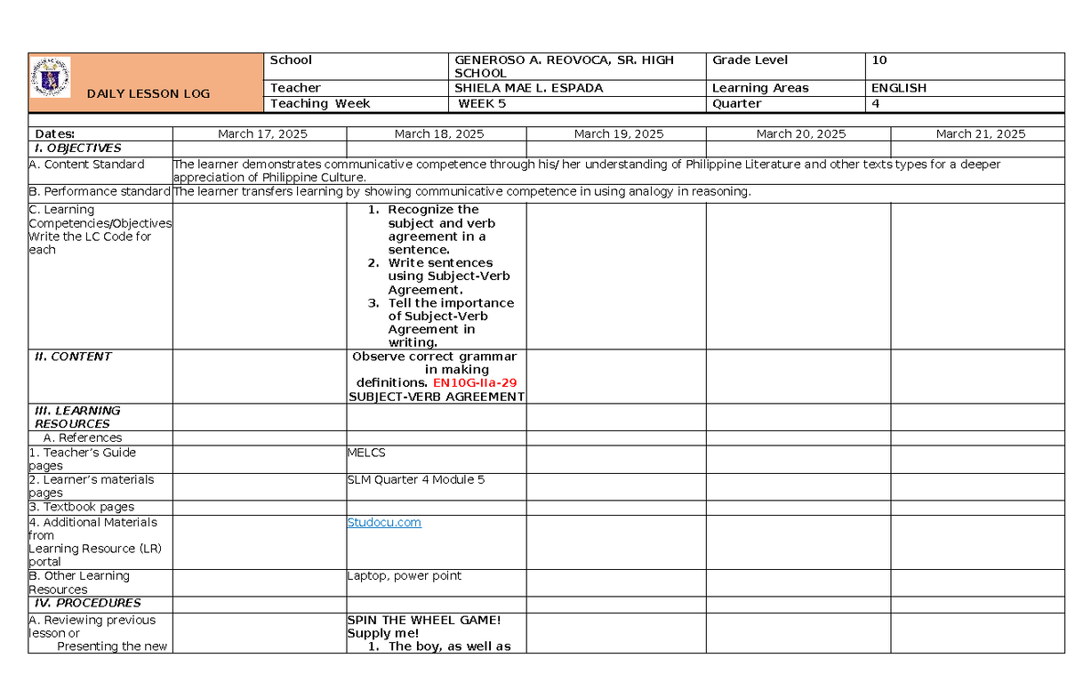 WK 5 - Daily Lesson Log on Subject-Verb Agreement (SVA) - Studocu