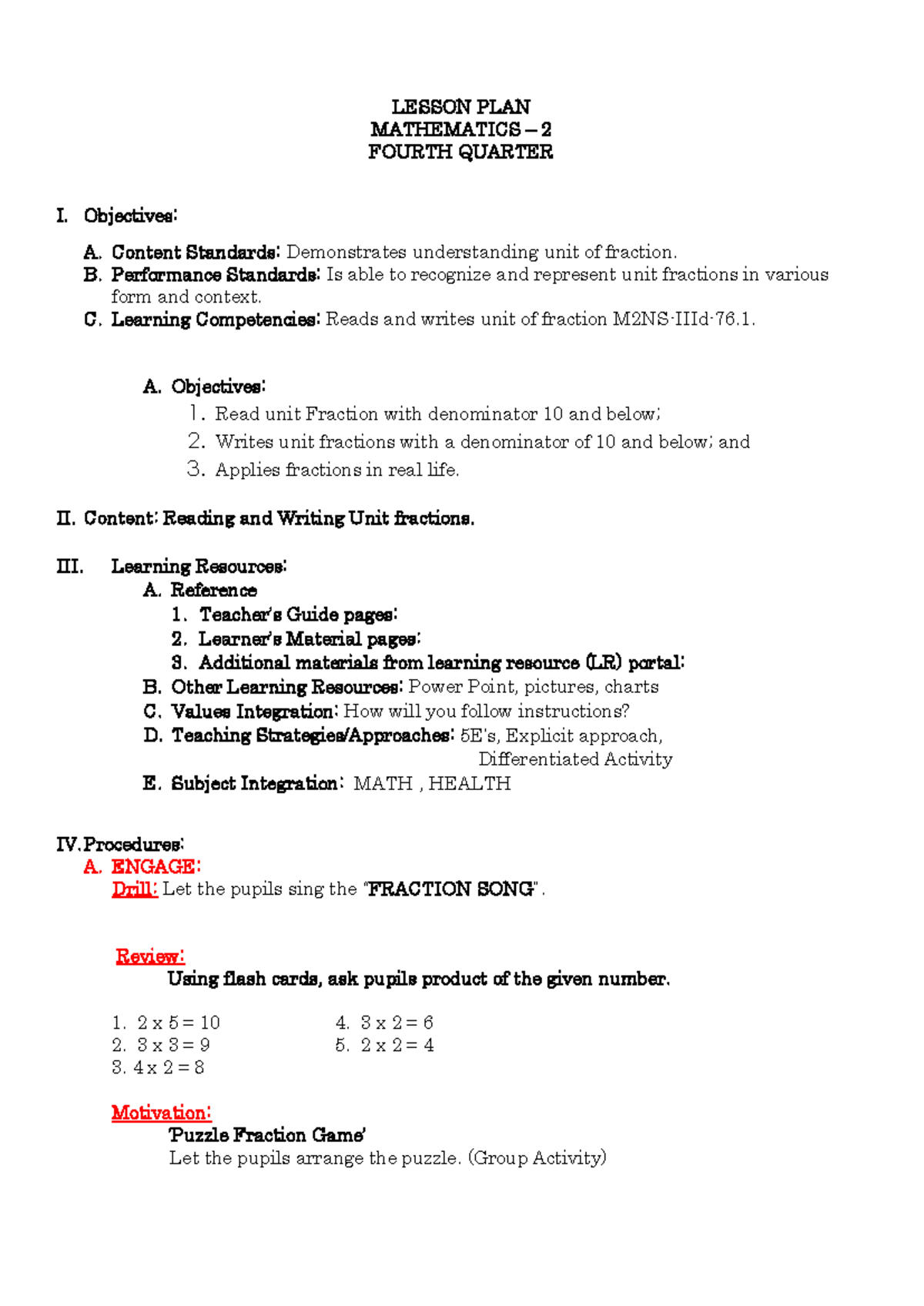 MATH2 LP2025 - Fourth Quarter Lesson Plan on Unit Fractions - Studocu
