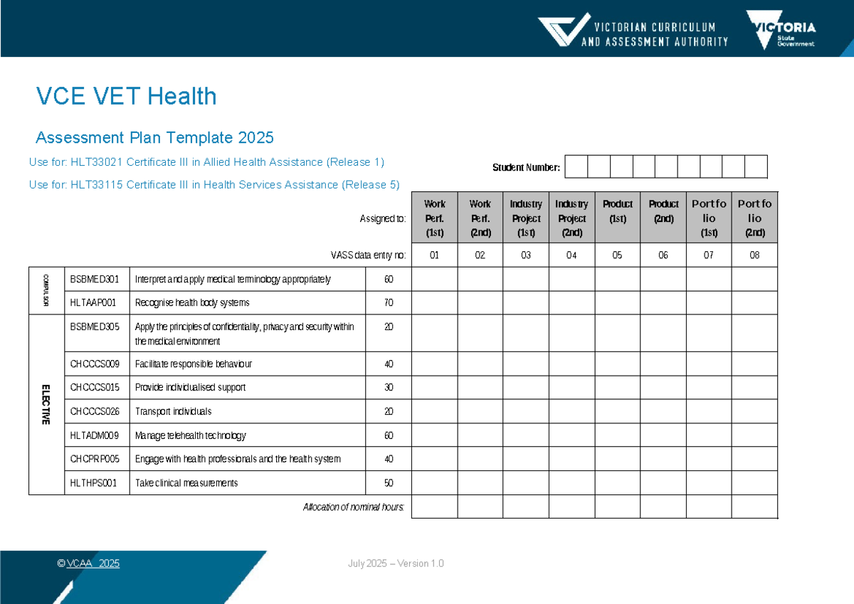 VCE VET Health Assessment Plan Template 2025 for HLT33021 & HLT33115 ...