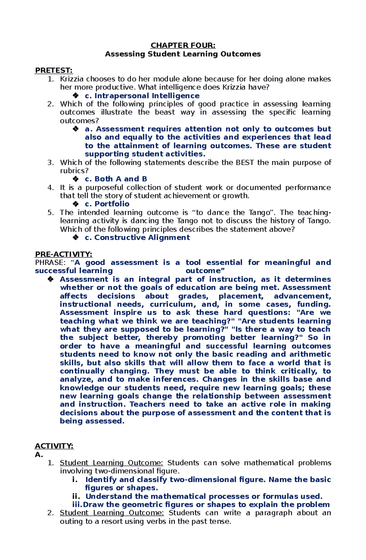 Chapter 4 - Assessing Learning Outcomes and Strategies - Studocu