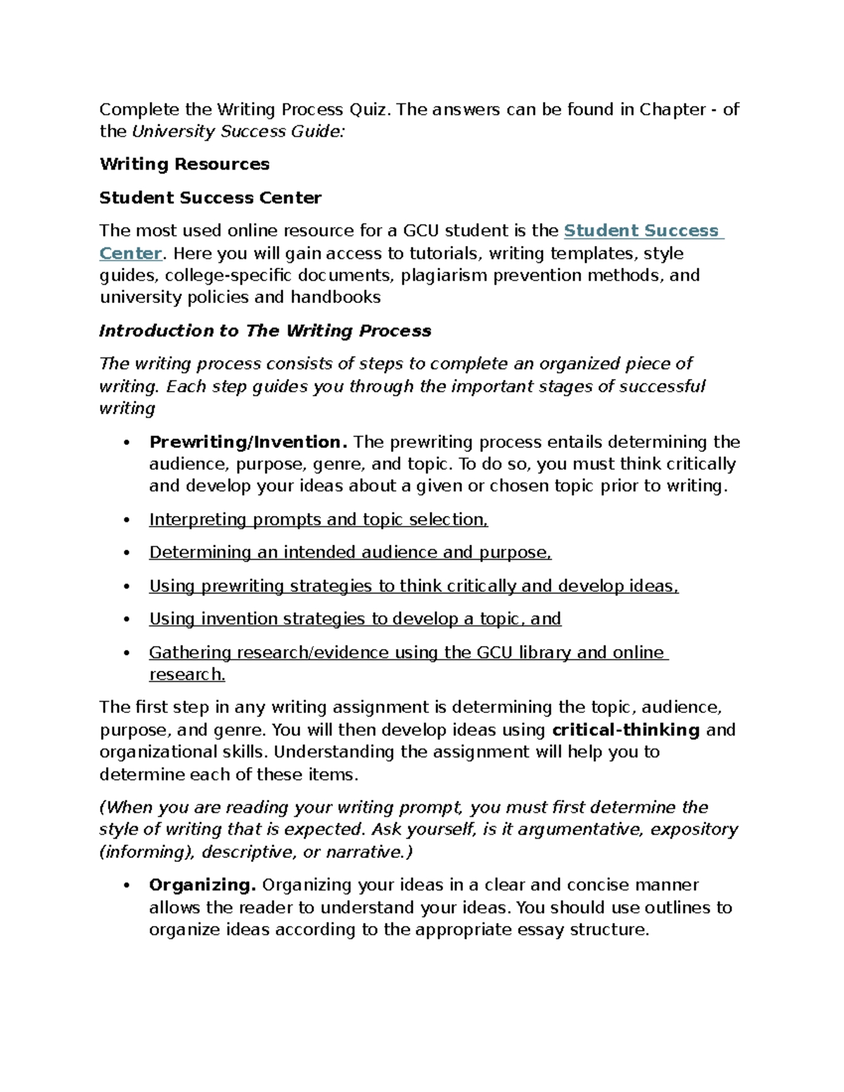 Writing Process Quiz Notes (GCU) - Steps for Effective Writing - Studocu