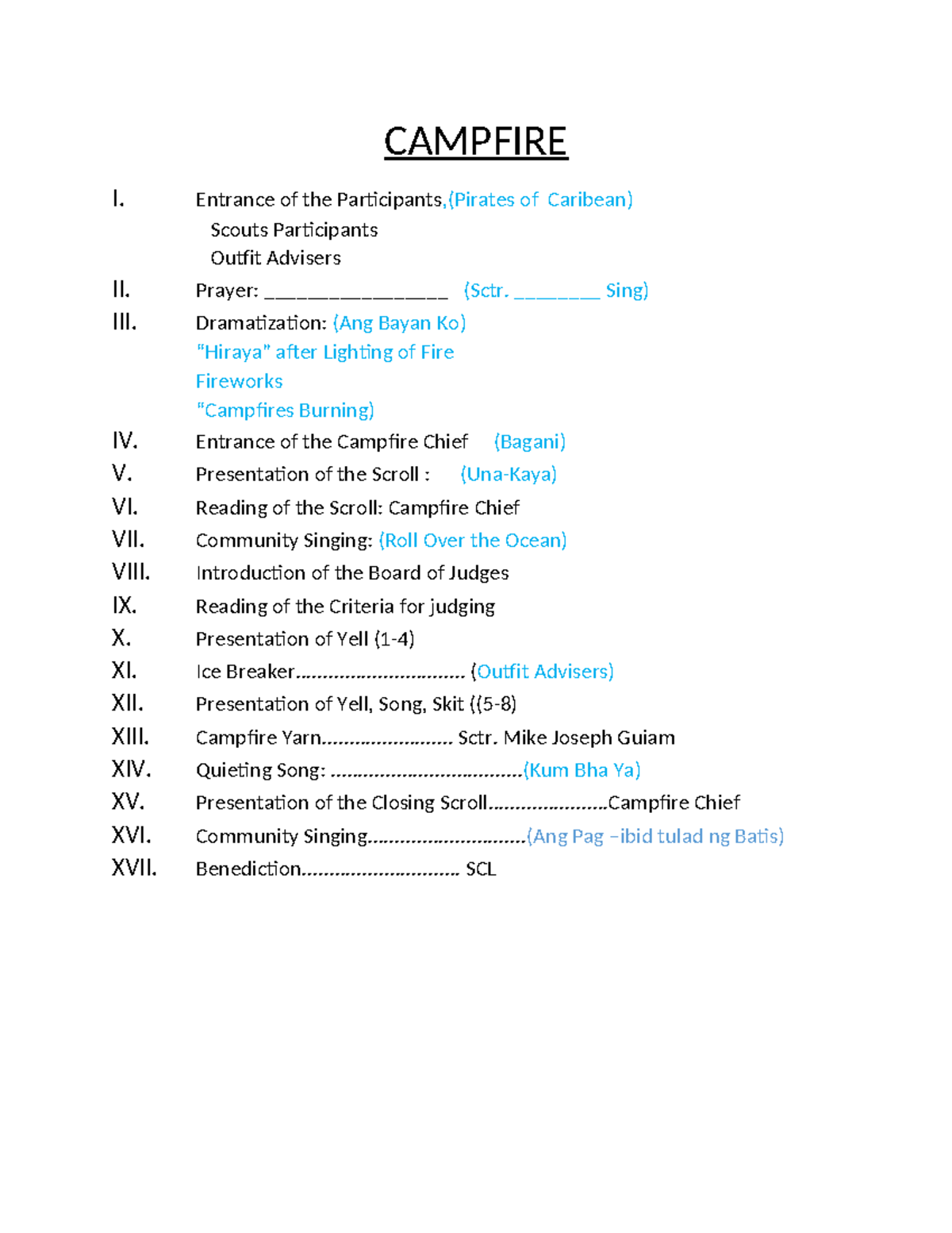 Campfire Program Schedule and Activities Overview - Studocu