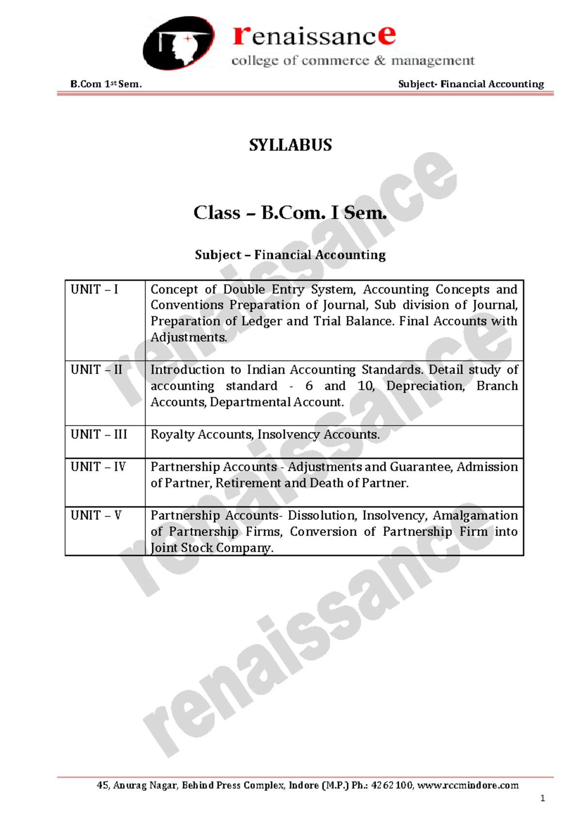 Financial Accounting Syllabus & Notes for B.Com. I Sem. - Studocu