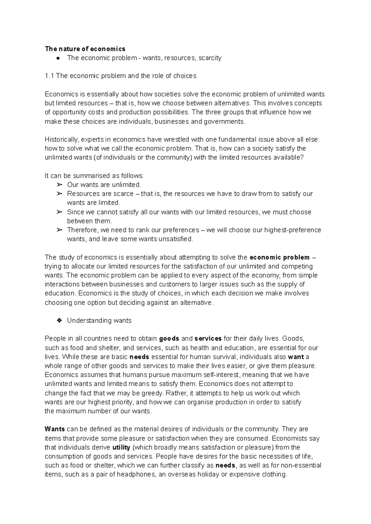 Econ Notes 2025 - Unit 1 - The nature of economics The economic problem ...