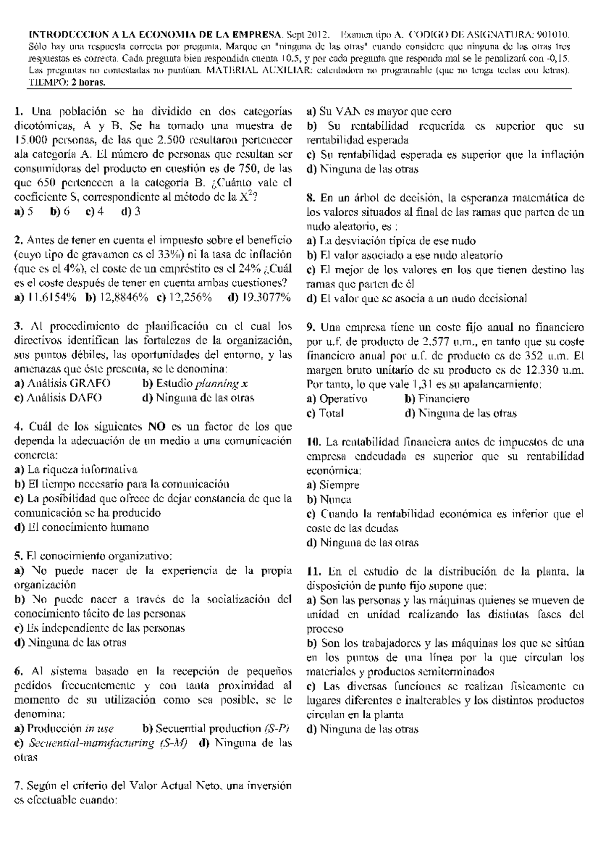Examen Tipo A: Introducción a la Economía de la Empresa 901010 - Studocu