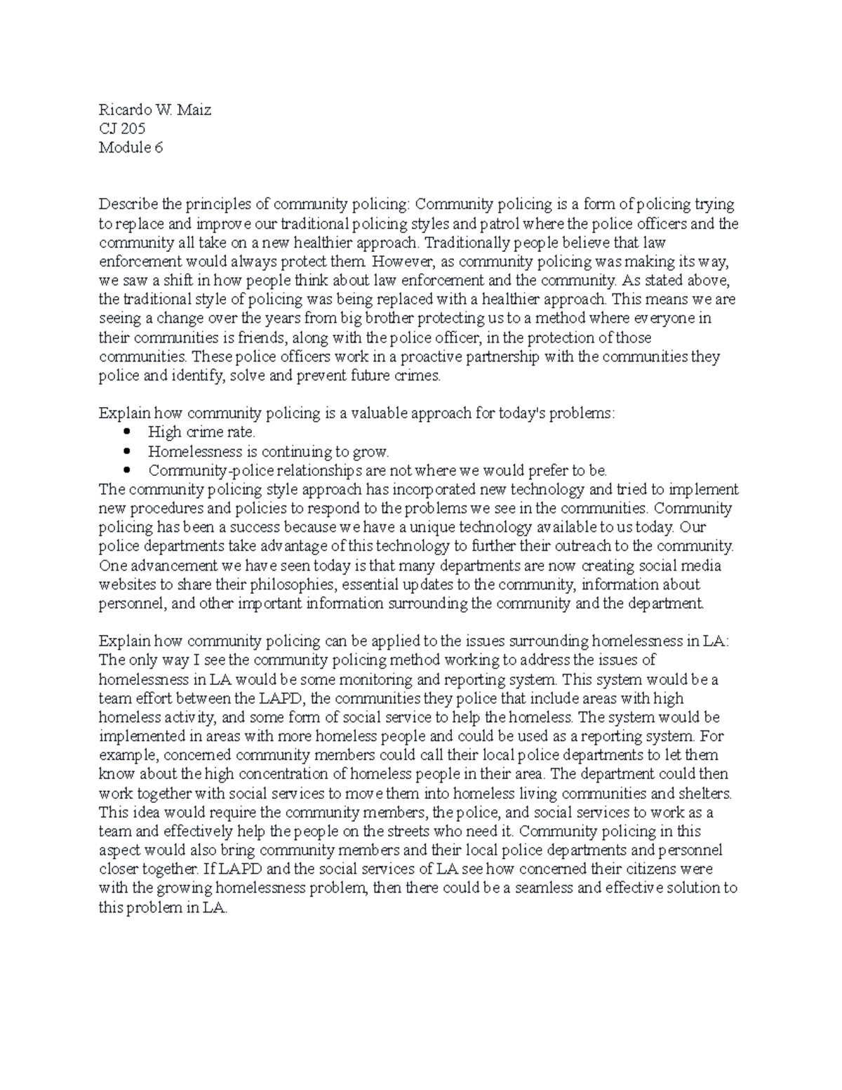 CJ 205 Module 6 Assignment: Community Policing Strategies and ...