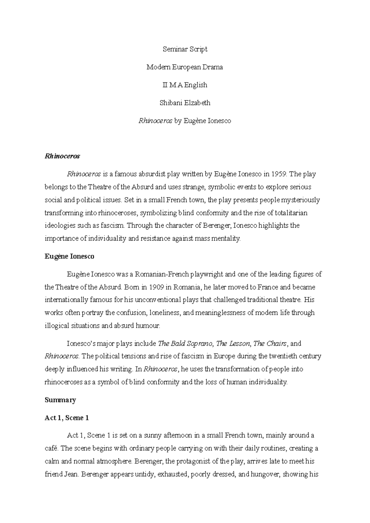 MED Seminar Script: Analysis of Ionesco's Rhinoceros in Modern Drama ...