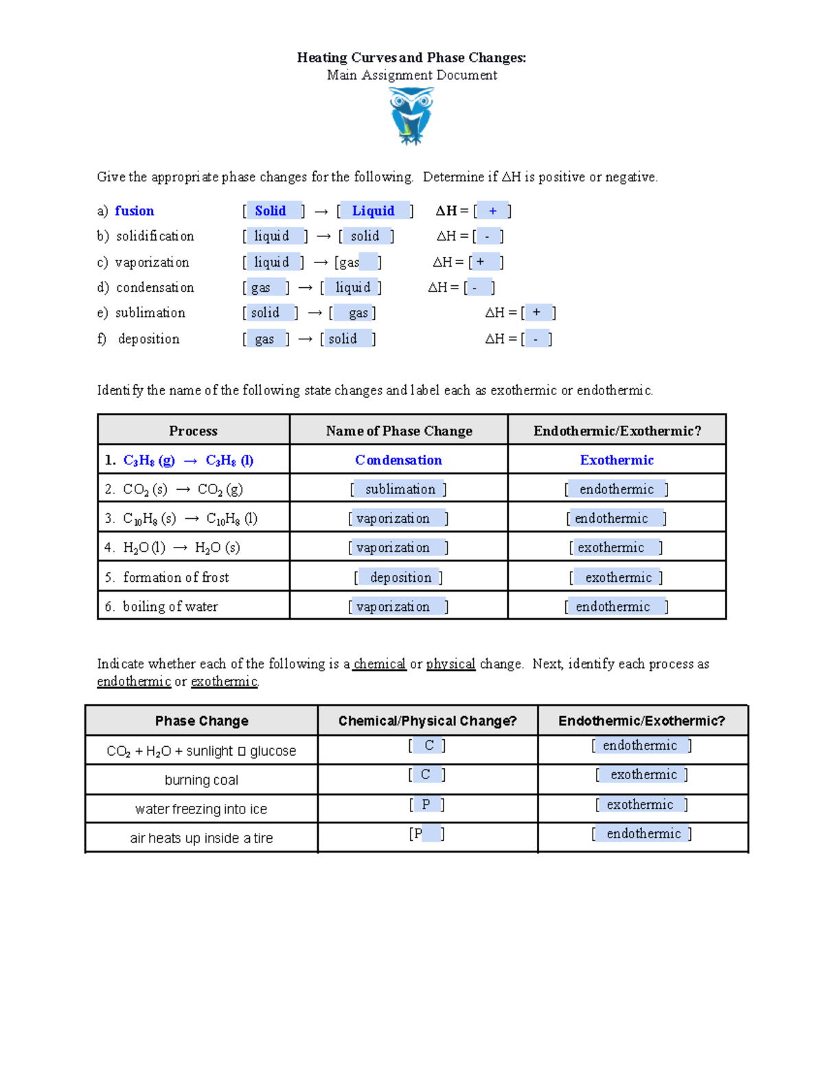 Heating Curves and Phase Changes Assignment (Chemical & Physical ...
