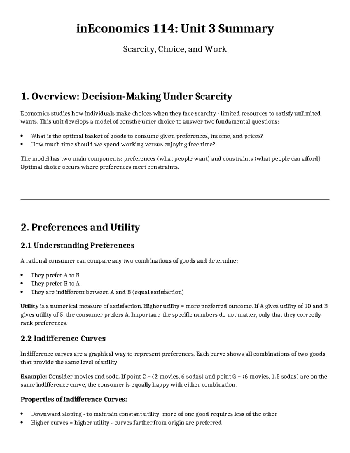 Economics 114: Unit 3 Summary on Scarcity, Choice, and Work - Studocu
