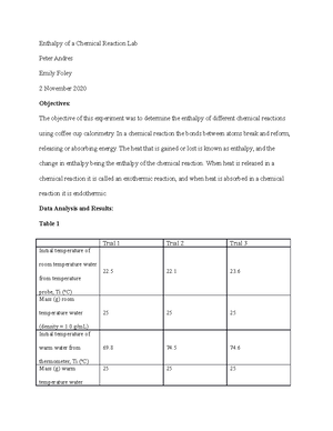 CHEM 1111- Lab 5 Determining the Enthalpy of a Chemical Reaction LAB Report - Lab 5: Determining ...