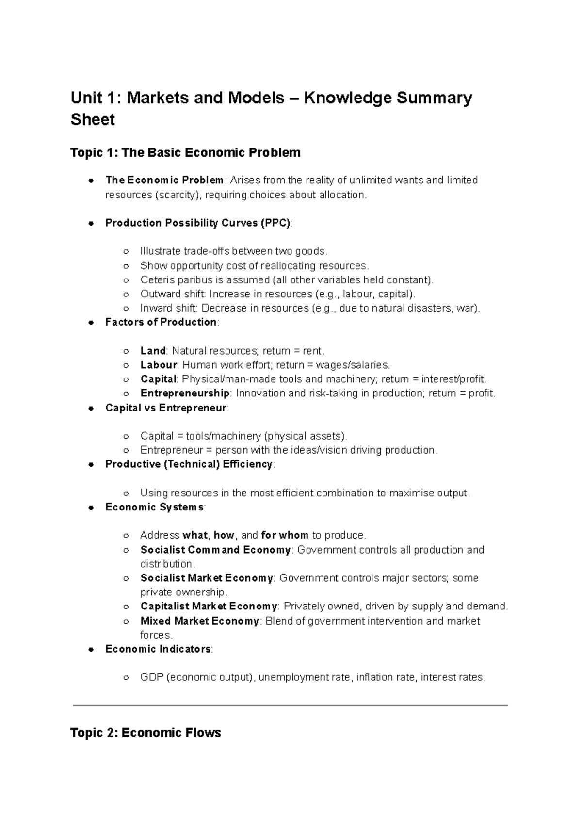 Economic Study Notes: Units 1 & 2 Overview and Key Concepts - Studocu