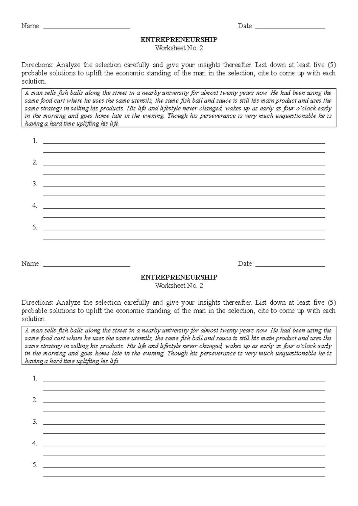 ENTREPRENEURSHIP Worksheet 2: Solutions for Economic Upliftment - Studocu