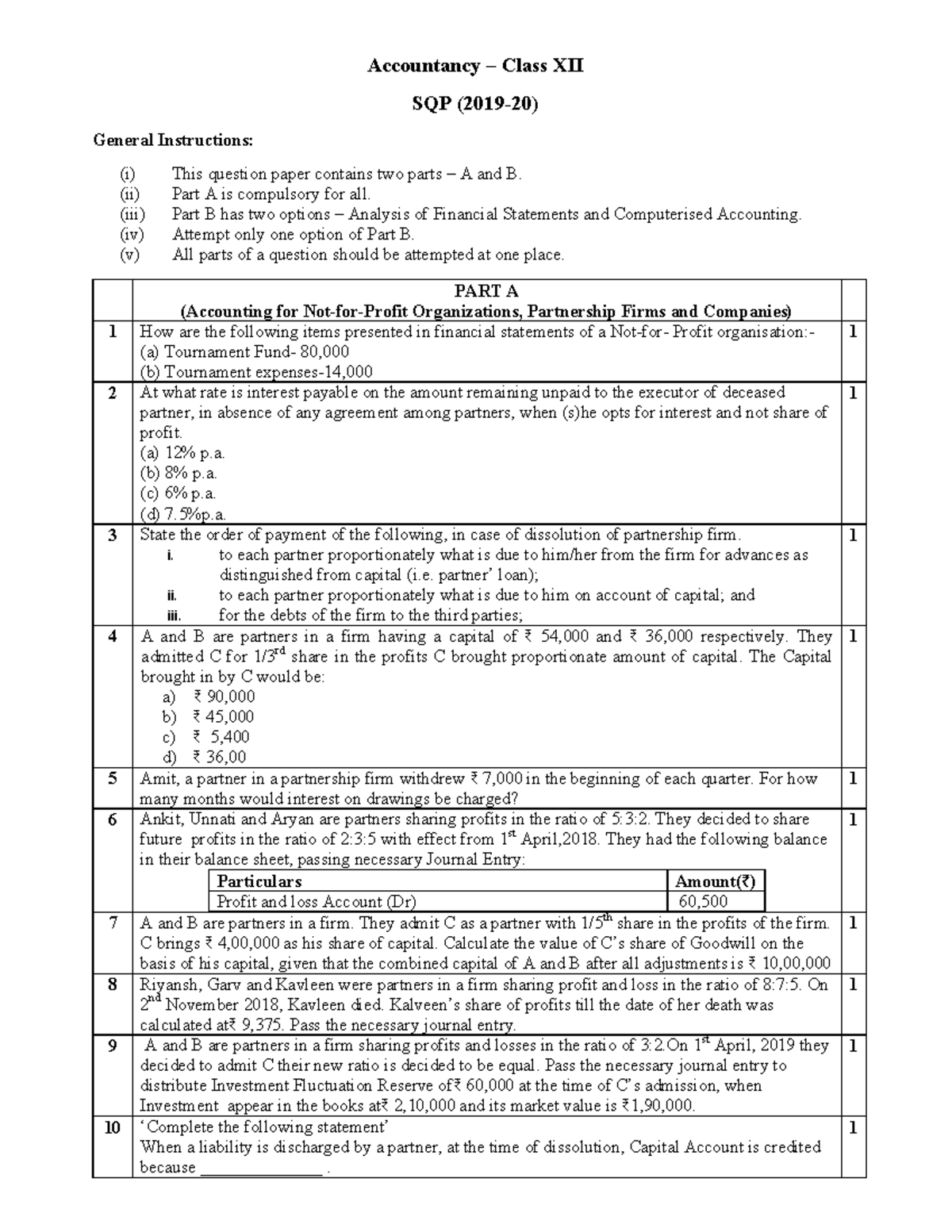 Class 12 Accountancy - CBSE Model Question Paper 2020 (SQP) - Studocu