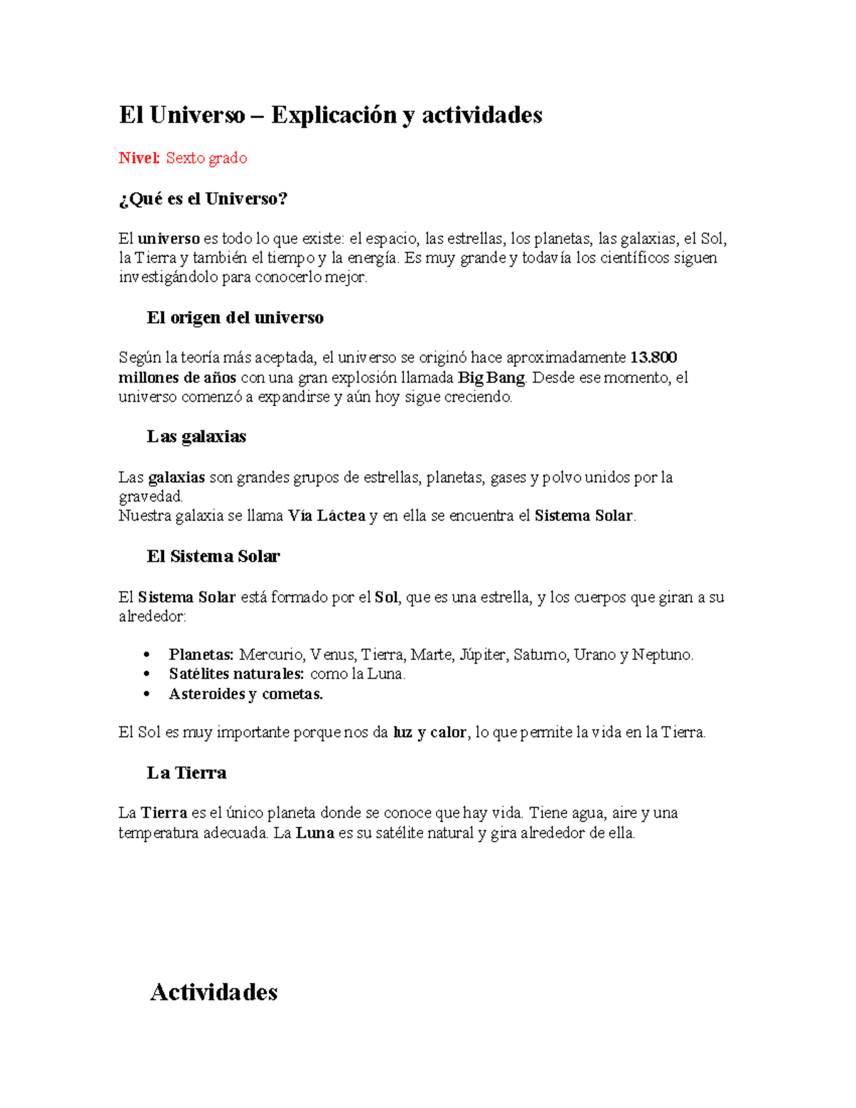 El Universo: Explicación y Actividades para Sexto Grado - Studocu