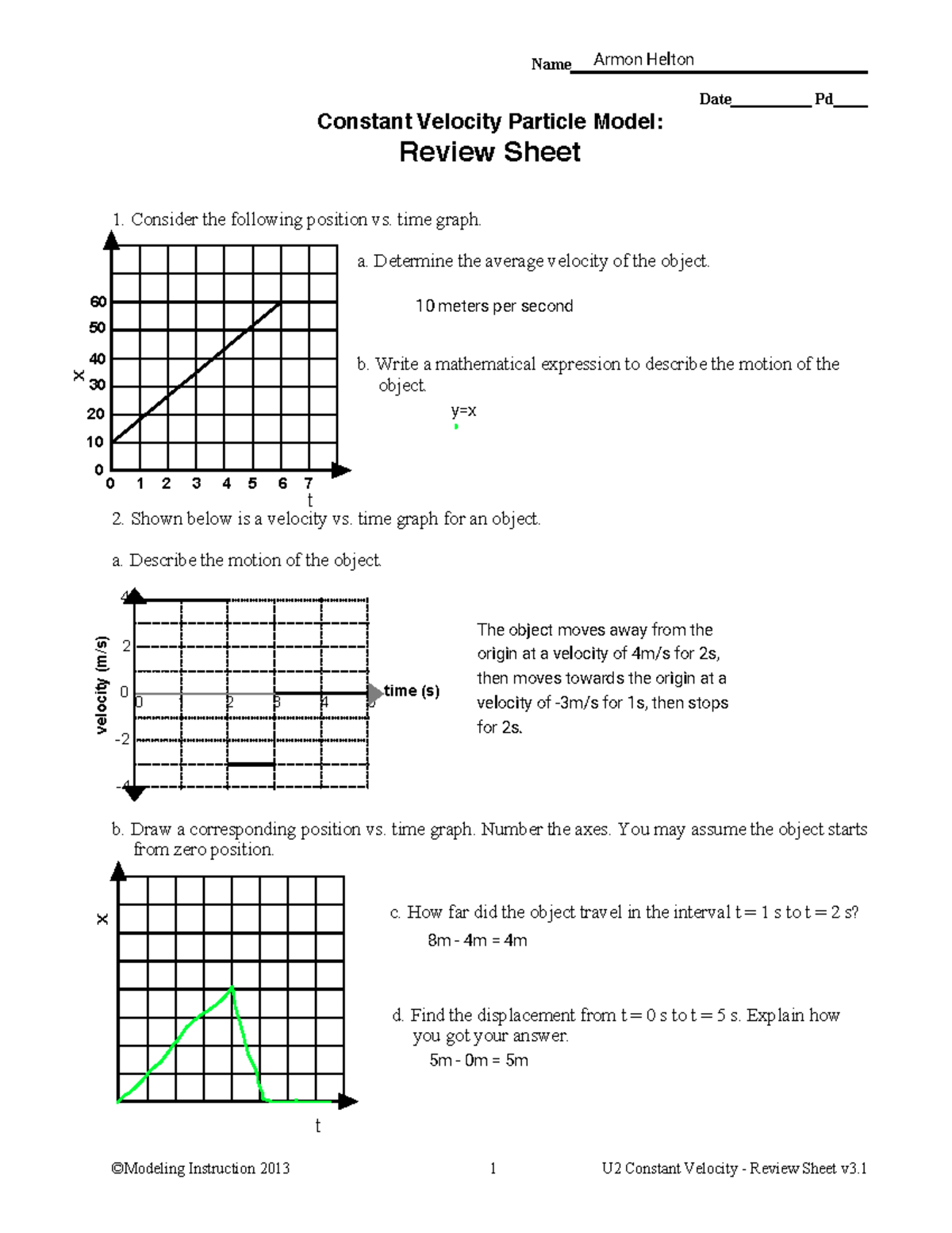 U2 Constant Velocity Particle Model: Review Sheet 1 - Studocu