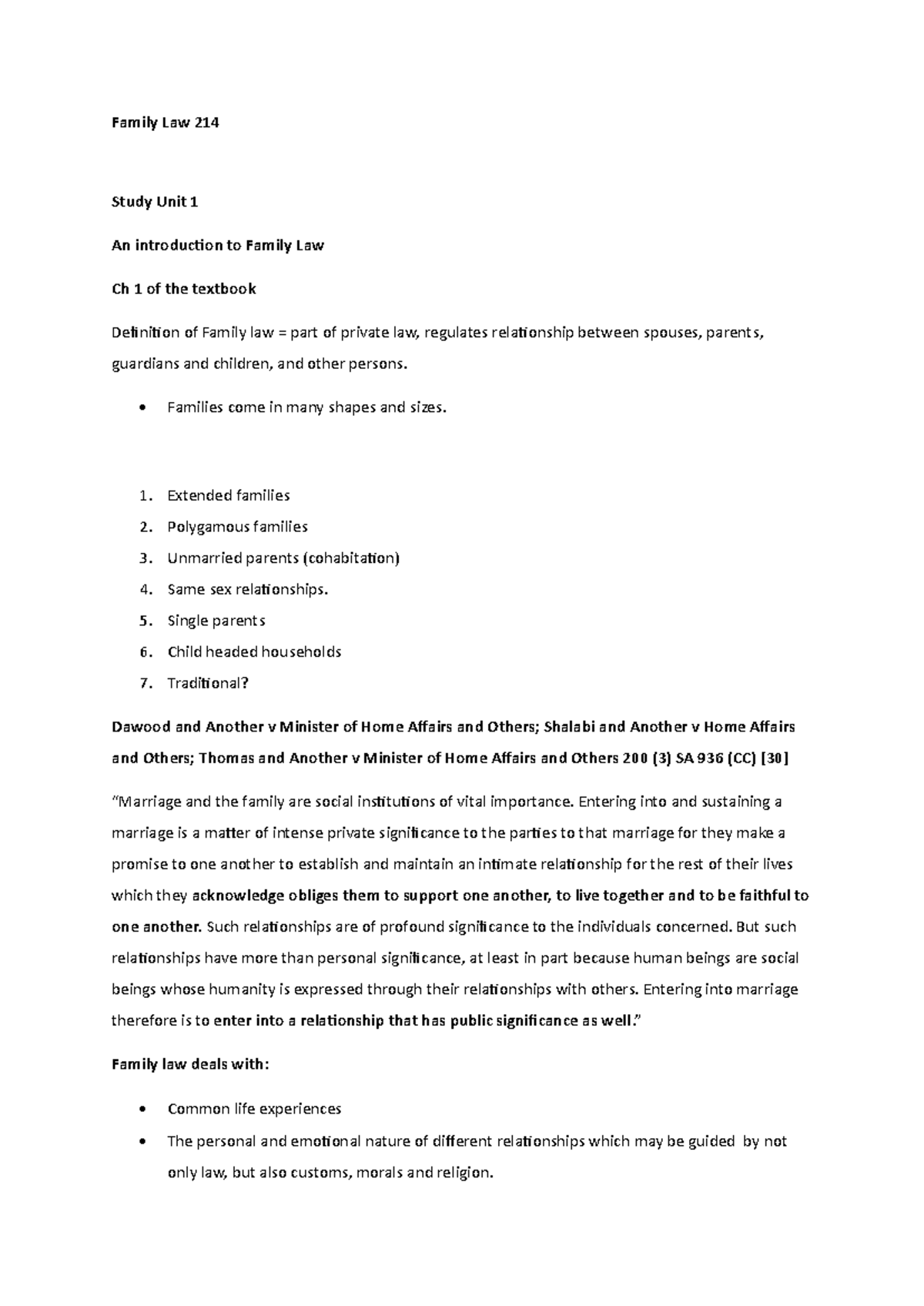 Family Law 214 Notes - Study Units 1 to 3 Overview - Studocu