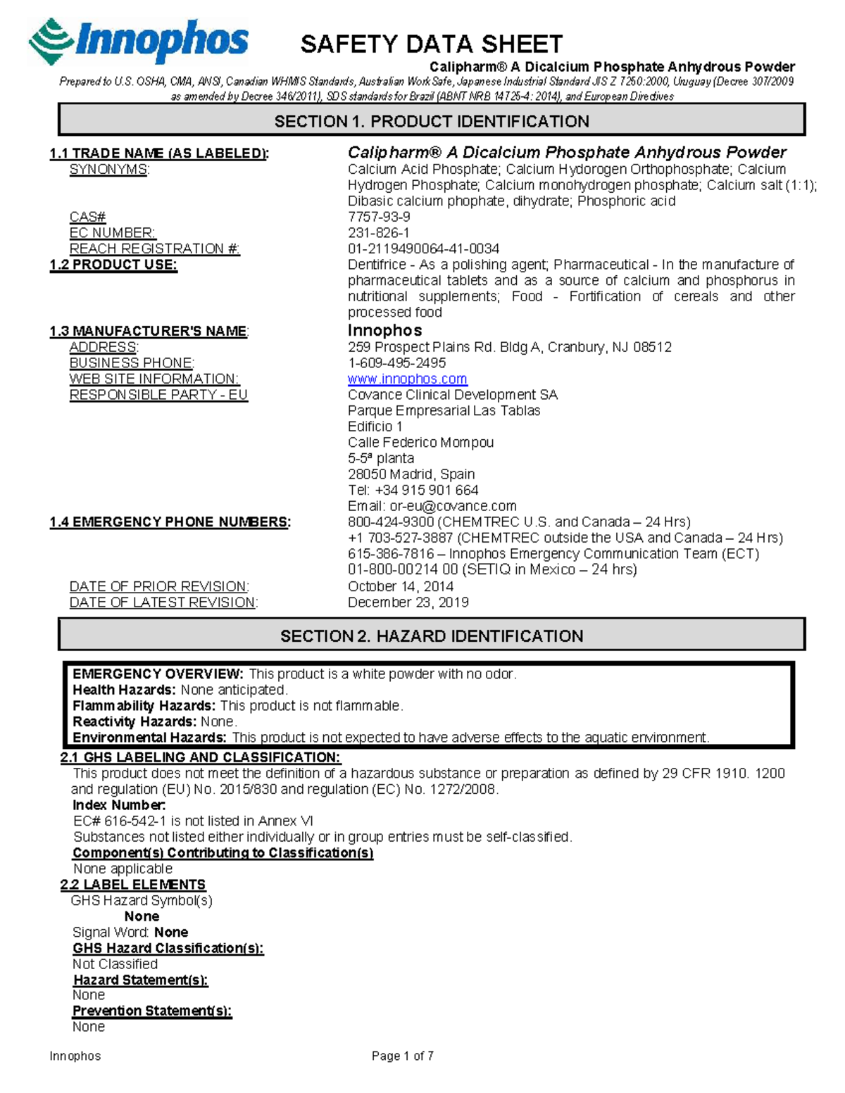 MSDS A Dicalcium Phosphate Anhydrous Powder - Food Safety 2020 - Studocu