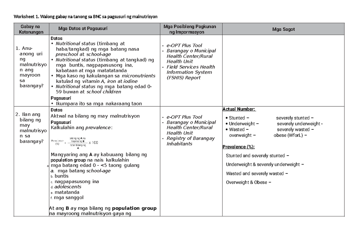 Worksheet 1: Pagsusuri sa Malnutrisyon at Nutritional Status - Studocu