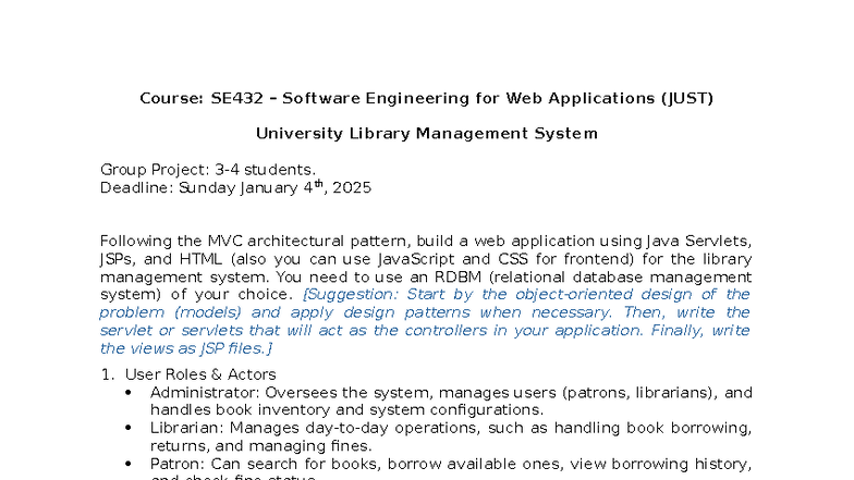 SE432 Final Project: Library Management System Overview (JUST) - Studocu