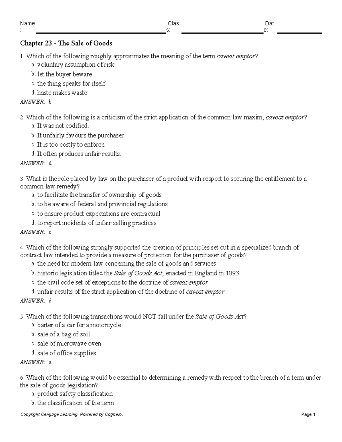 Chapter 23: Key Concepts of the Sale of Goods (Legal Study Notes) - Studocu