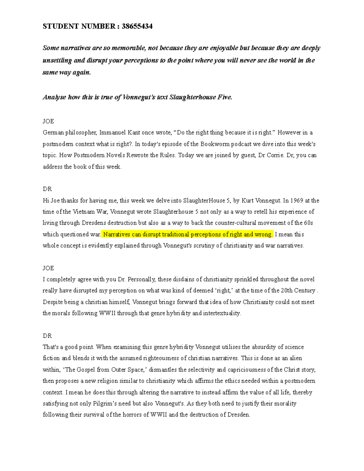 SH5 Essay Podcast: Disrupting Perceptions in Slaughterhouse-Five - Studocu