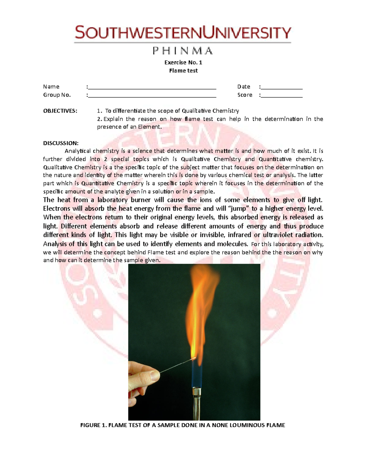 Analytical chemistry Exercise-No1 - Exercise No. 1 Flame test Name ...