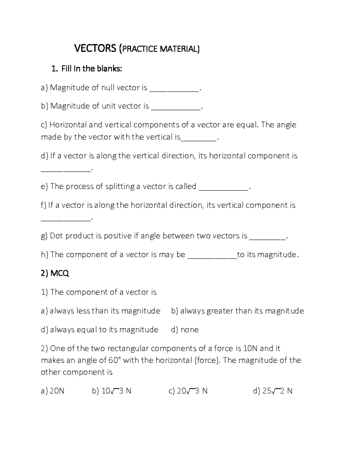 Components Of Vectors Worksheet