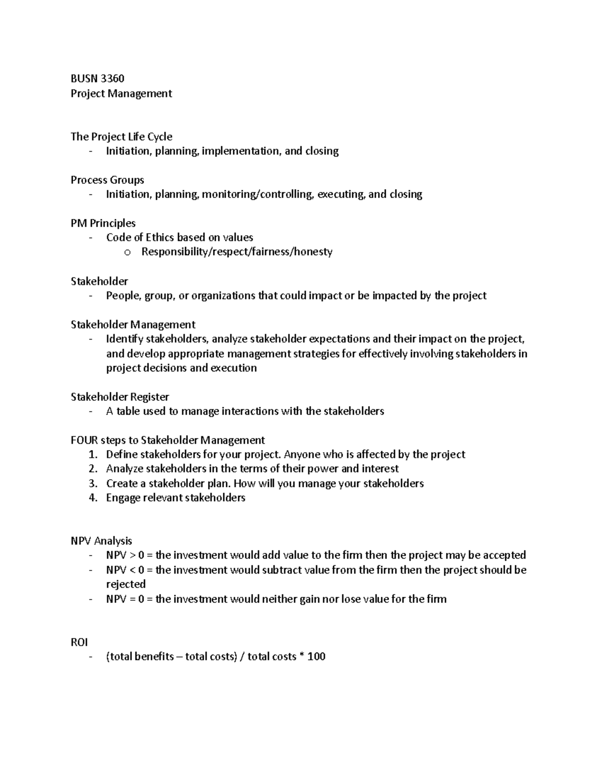 BUSN 3360 Midterm - BUSN 3360 Project Management The Project Life Cycle ...