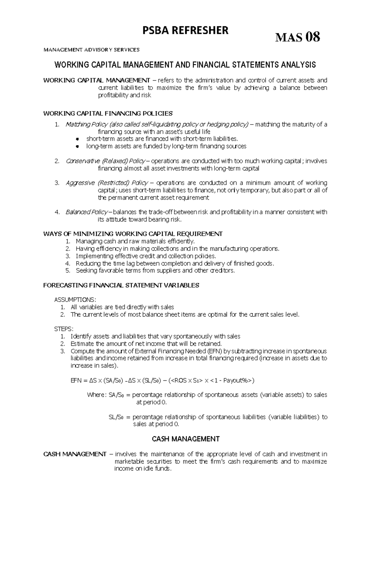 MAS 08 Working Capital Management & Financial Statements Analysis - Studocu
