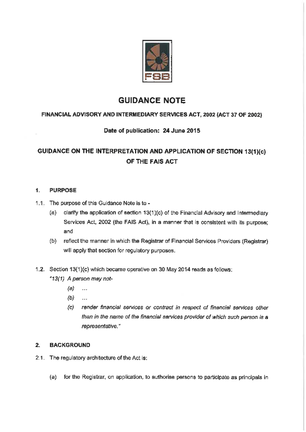 Guidance Note on Section 13(1)(c) of FAIS Act (2002) - 24 June 2015 ...