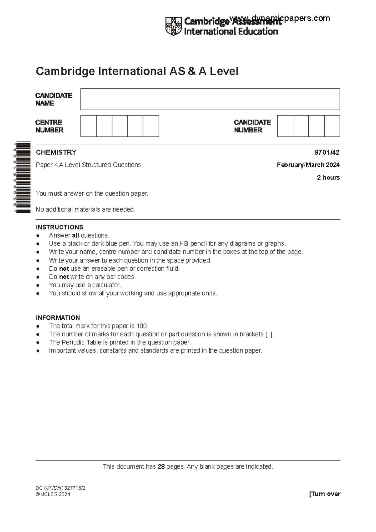 Cambridge International AS A Level 9281 Chemistry Paper 4 Structured ...