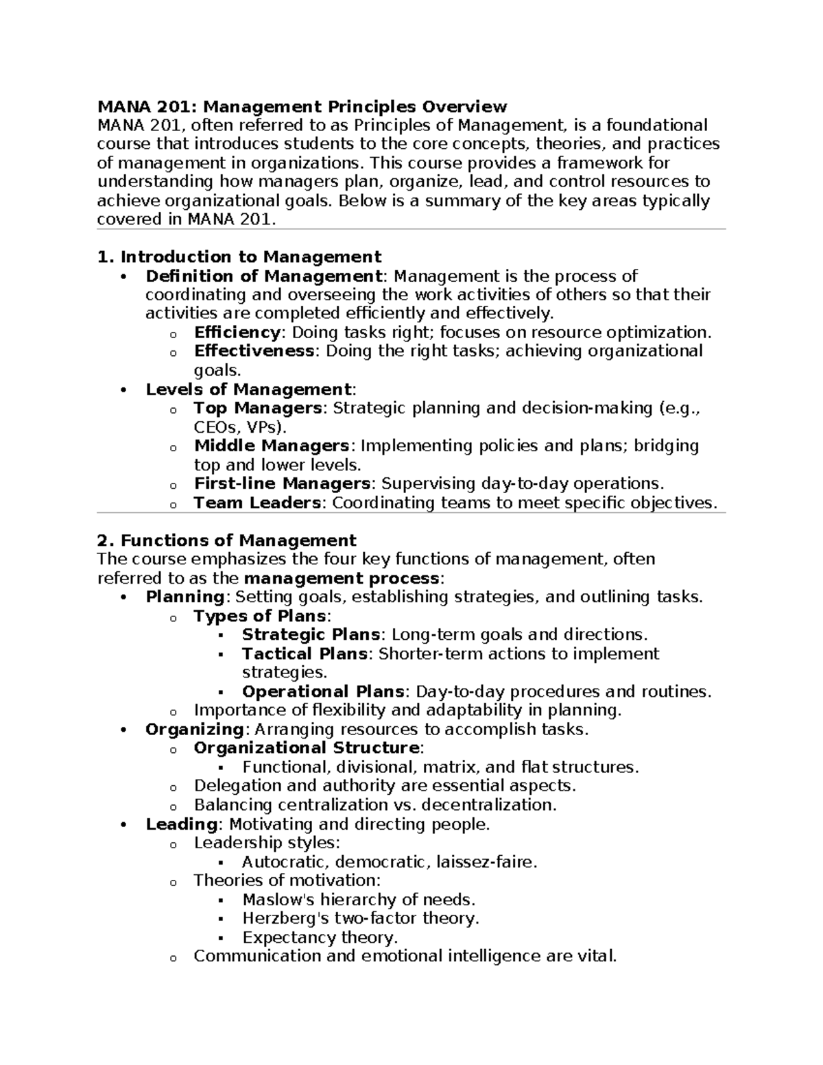 MANA 201 Lecture Notes: Key Concepts of Management Principles - Studocu