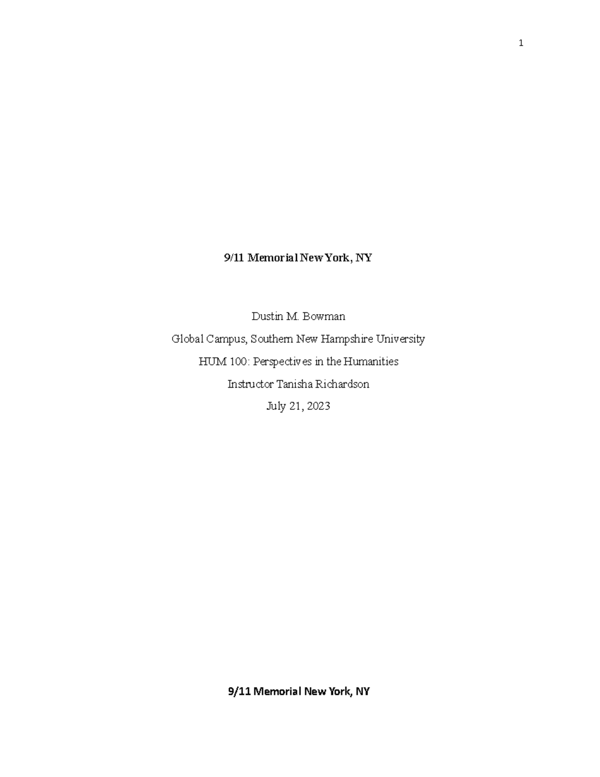 HUM-100 M4-2 Project Draft - 1 9/11 Memorial New York, NY Dustin M ...