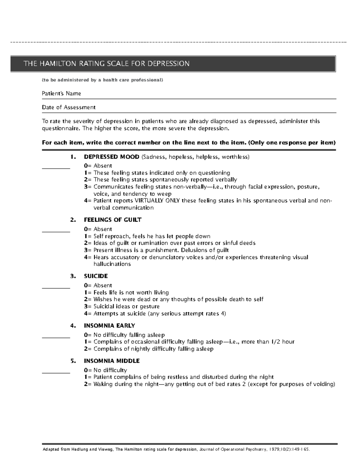 Hamilton Rating Scale for Depression (HAM-D) Assessment Guide - Studocu