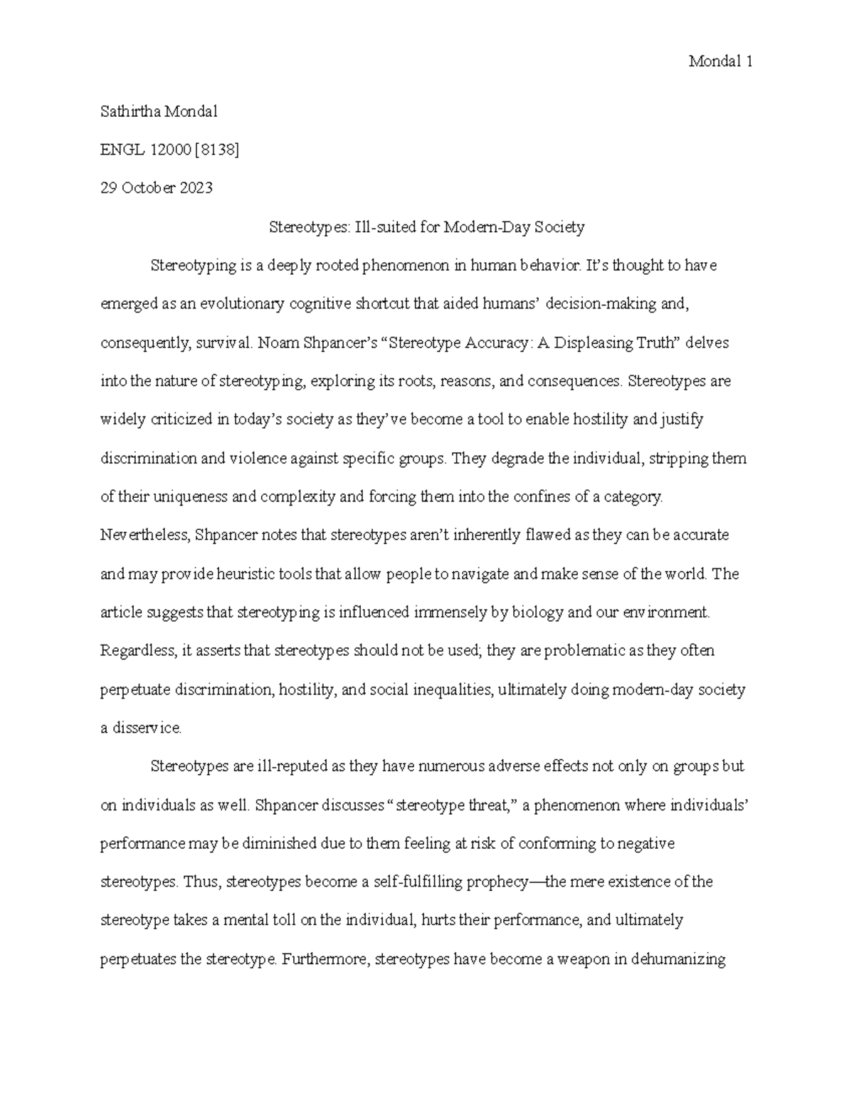 ENGL 29 Essay: Understanding the Impact of Stereotypes on Society - Studocu