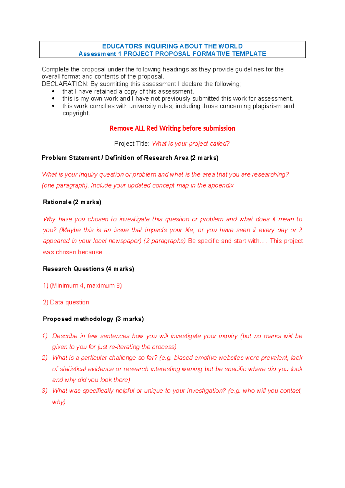 Eiatw EDUCATORS Inquiry Assessment 1 Formative Proposal Template - Studocu
