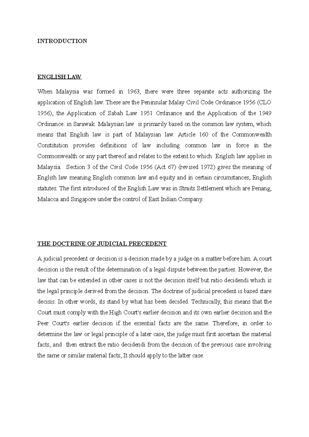 Introduction law - yehaaa - INTRODUCTION ENGLISH LAW When Malaysia was ...