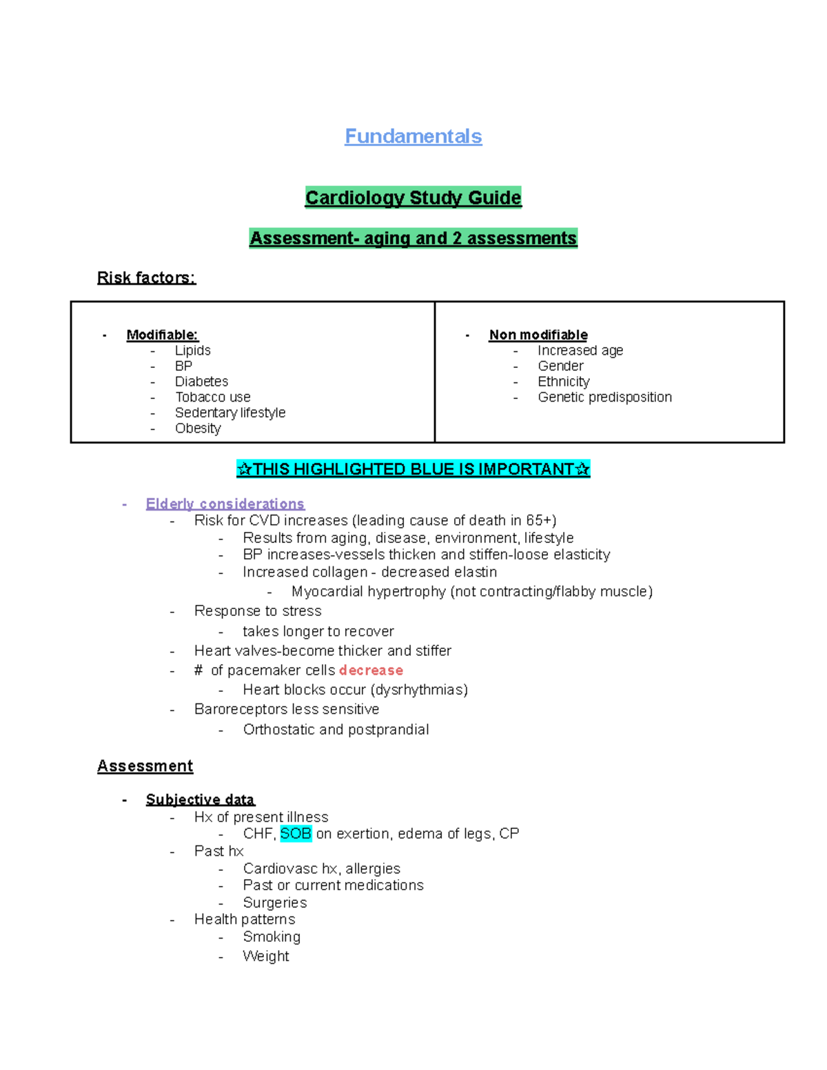 Cardiac Study Guide: Aging, Risk Factors, and Assessments - Studocu