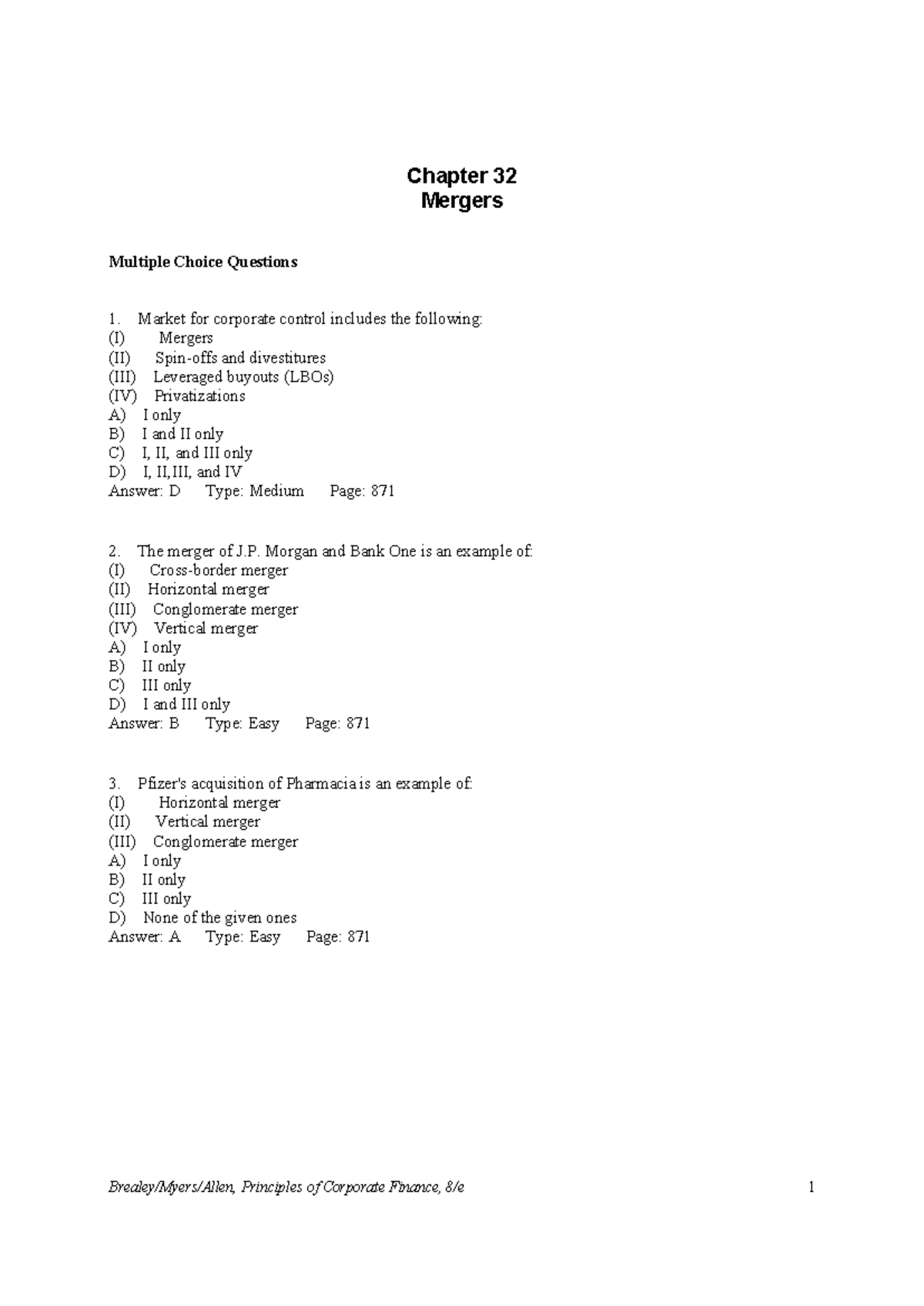 Chapter 32 Mergers: Multiple Choice Questions and Answers - Studocu