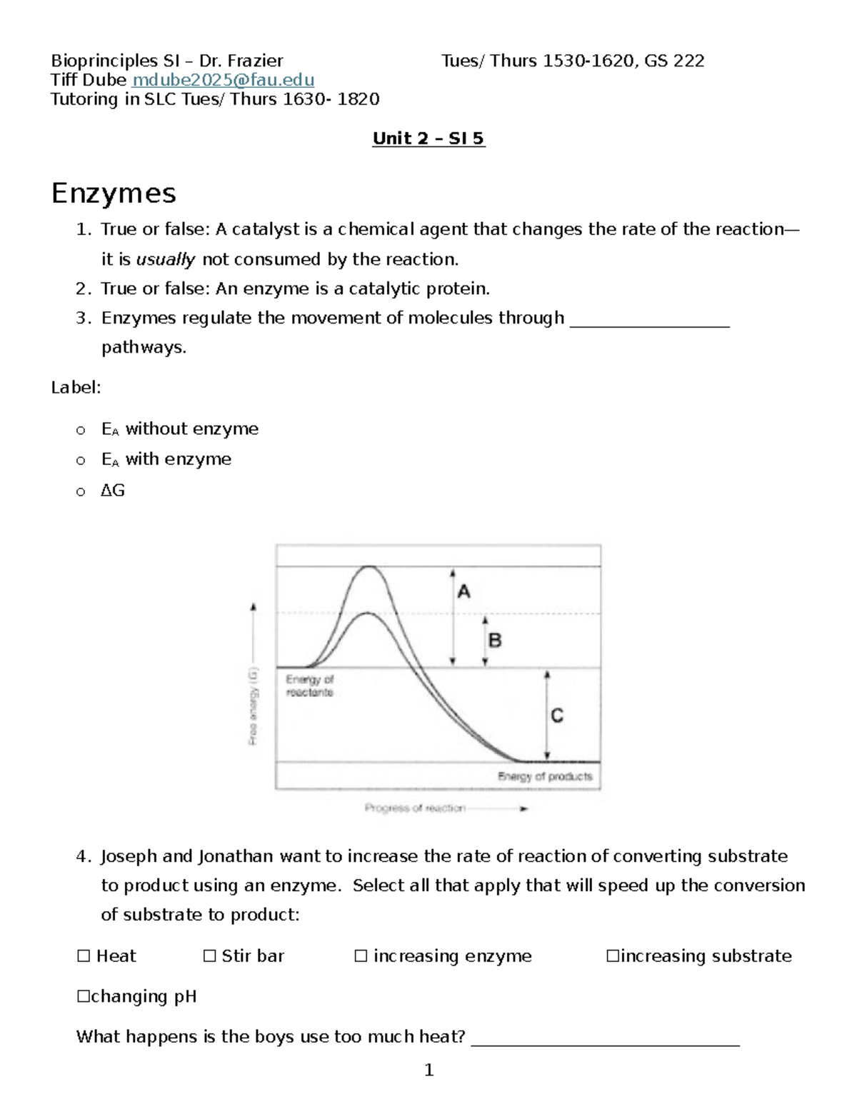 Unit 2 SI 6 Worksheet: Enzymes and Biochemical Reactions - Studocu