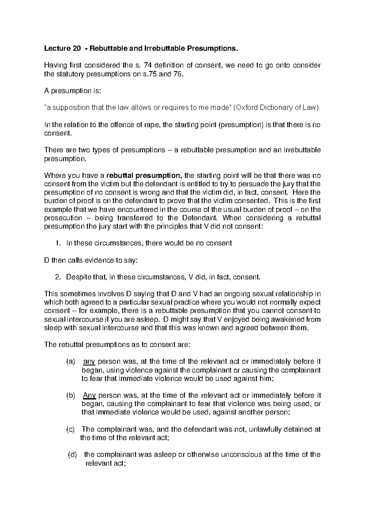 Lecture 20 Examining Rebuttable and Irrebuttable Presumptions in Rape ...