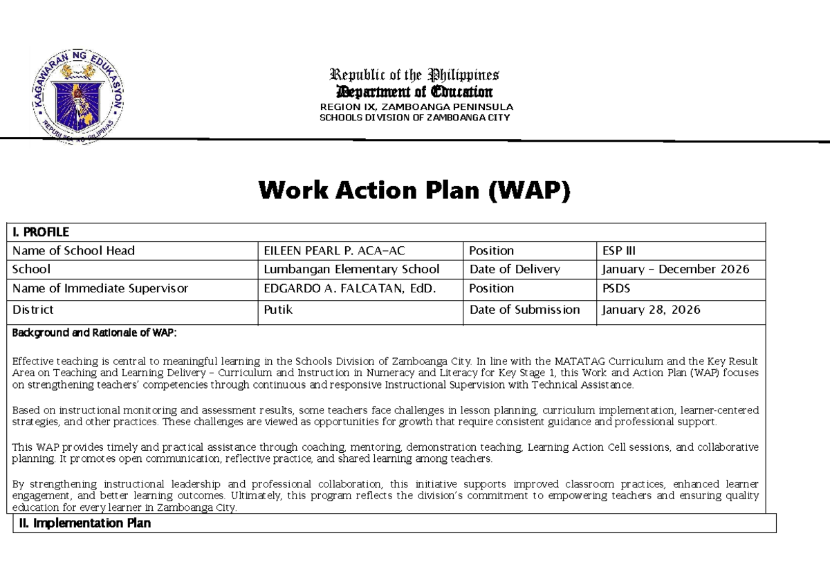Lumbangan Elementary School Work Action Plan (WAP) on GAD 2026 - Studocu