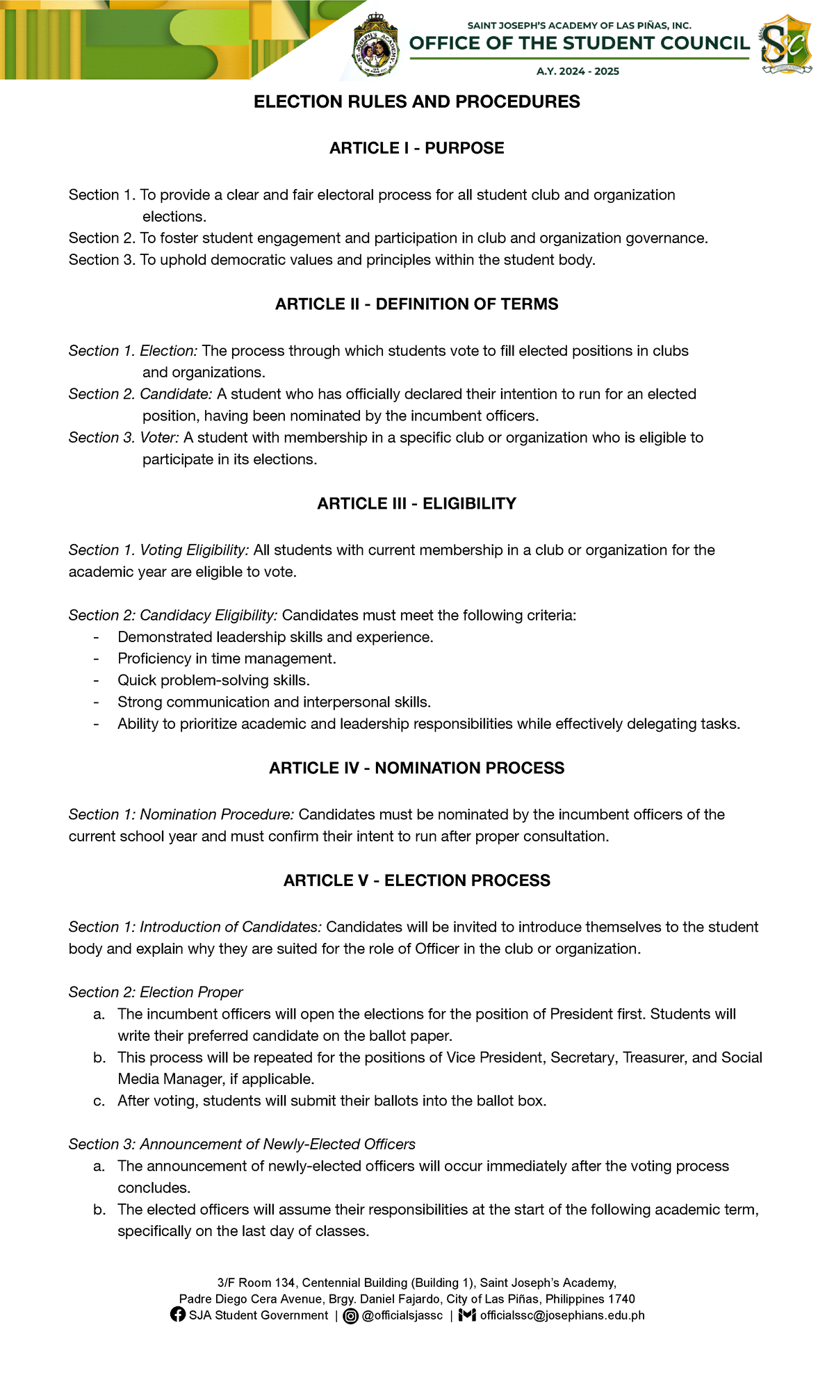 Election Rules and Procedures - ELECTION RULES AND PROCEDURES ARTICLE I ...