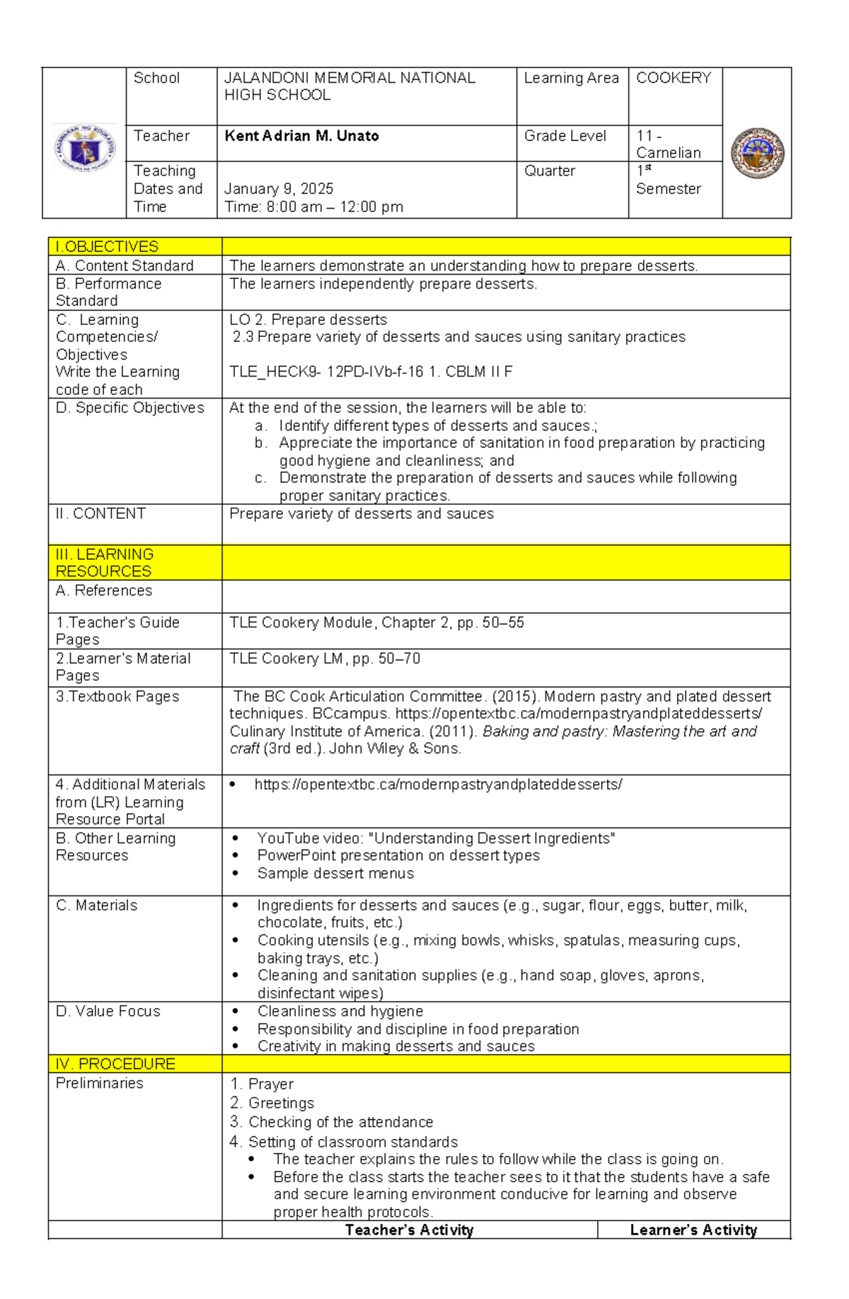 Lesson Plan 2: TLE 11 - Preparing Desserts & Sauces with Sanitation ...