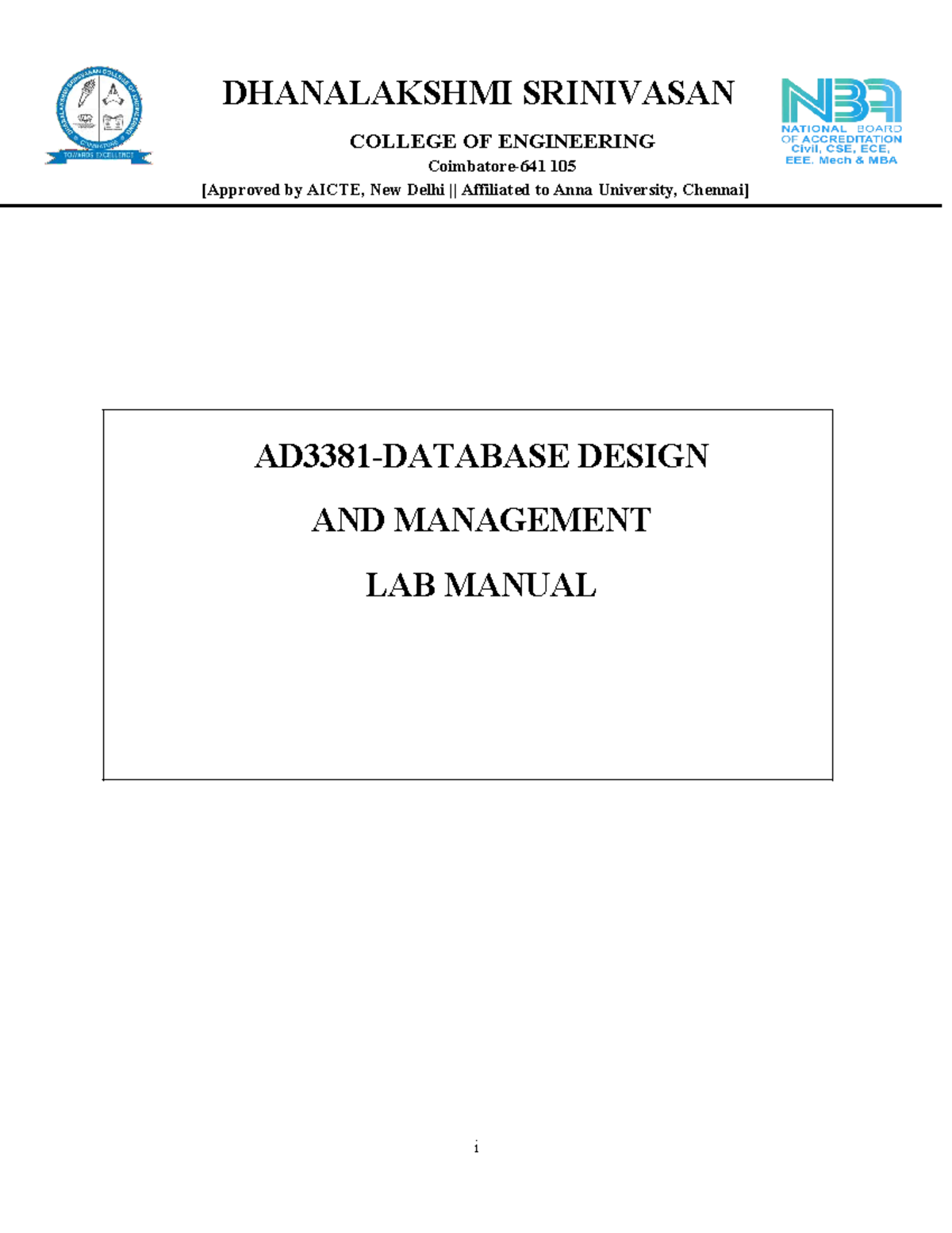 AD3381: Database Design and Management Lab Manual Overview - Studocu