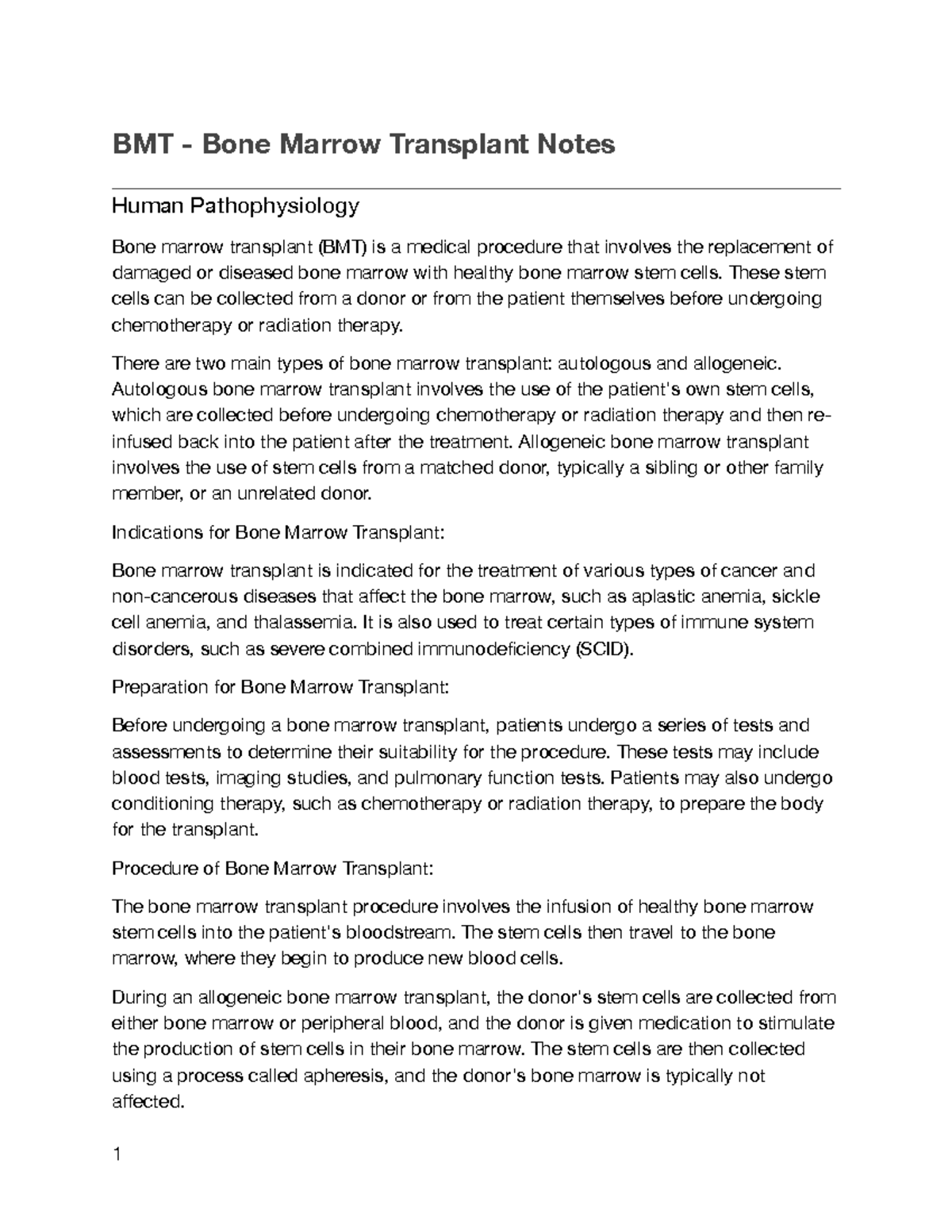 BMT - Comprehensive Notes on Bone Marrow Transplant Procedures - Studocu